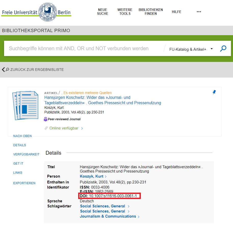 Die DOI Nummer herausfinden und zitieren